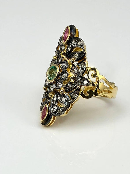 18 Karat Yellow Gold Wide Diamond Emerald Ruby Pasha Ring ...