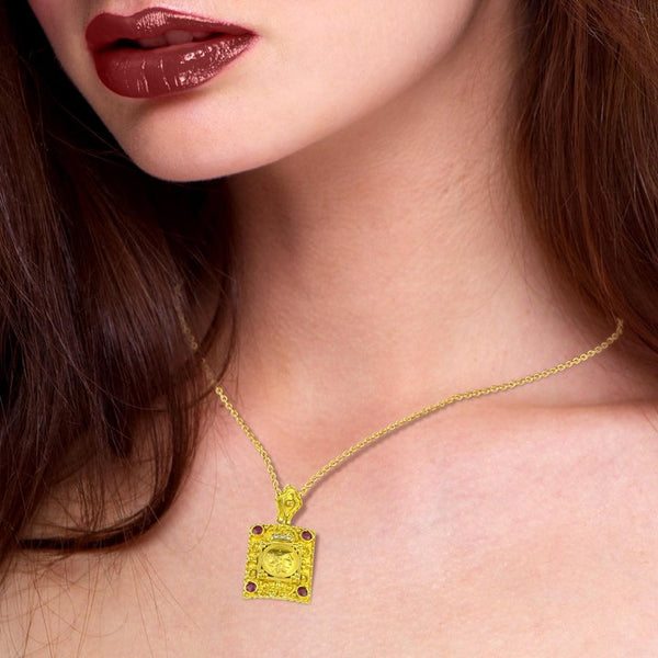 18 Karat Yellow Gold Diamond Ruby Coin Pendant of Athena ...